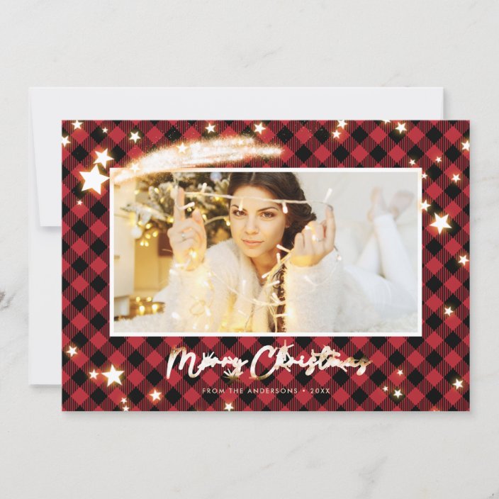 Sparkly Black and Red Buffalo Plaid Star Photo Holiday Card | Zazzle.com
