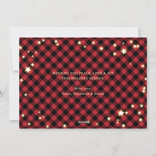 Sparkly Black and Red Buffalo Plaid Star Photo Holiday Card | Zazzle