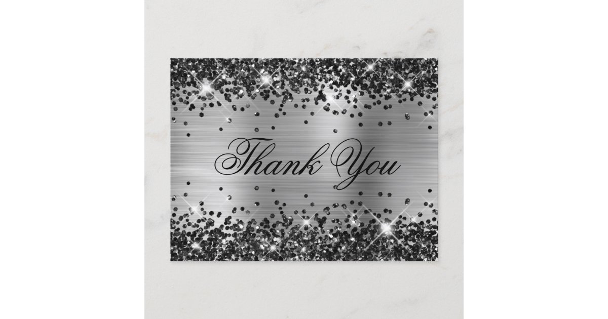 Sparkly Black Glitter Silver Foil Fancy Thank You Postcard | Zazzle
