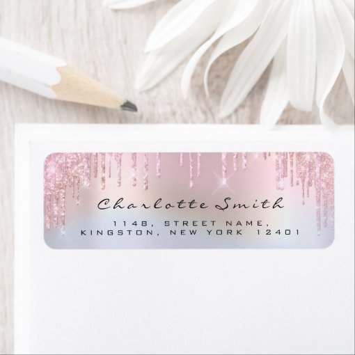 Sparkly Drips Rose Pink Return Address Holograph Label | Zazzle