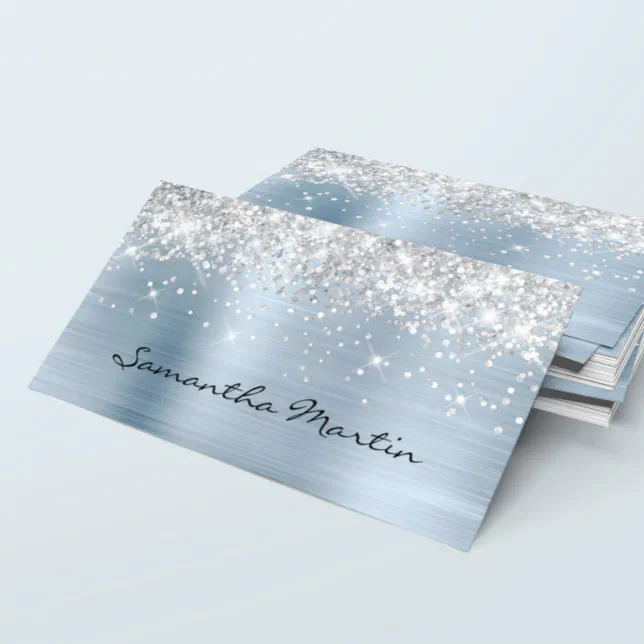 Sparkly Faux Silver Glitter Light Blue Foil Business Card | Zazzle