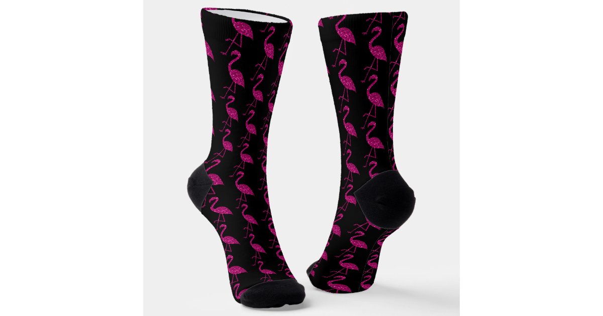 Sparkly flamingo Pink glitter pattern black Socks | Zazzle