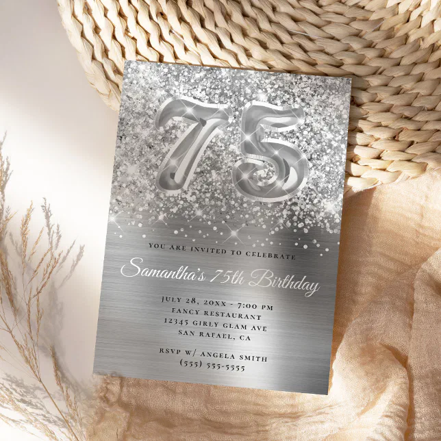 Sparkly Glittery Silver Glam 75th Birthday Invitation | Zazzle