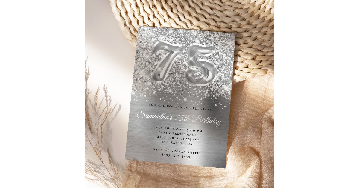 Sparkly Glittery Silver Glam 75th Birthday Invitation | Zazzle
