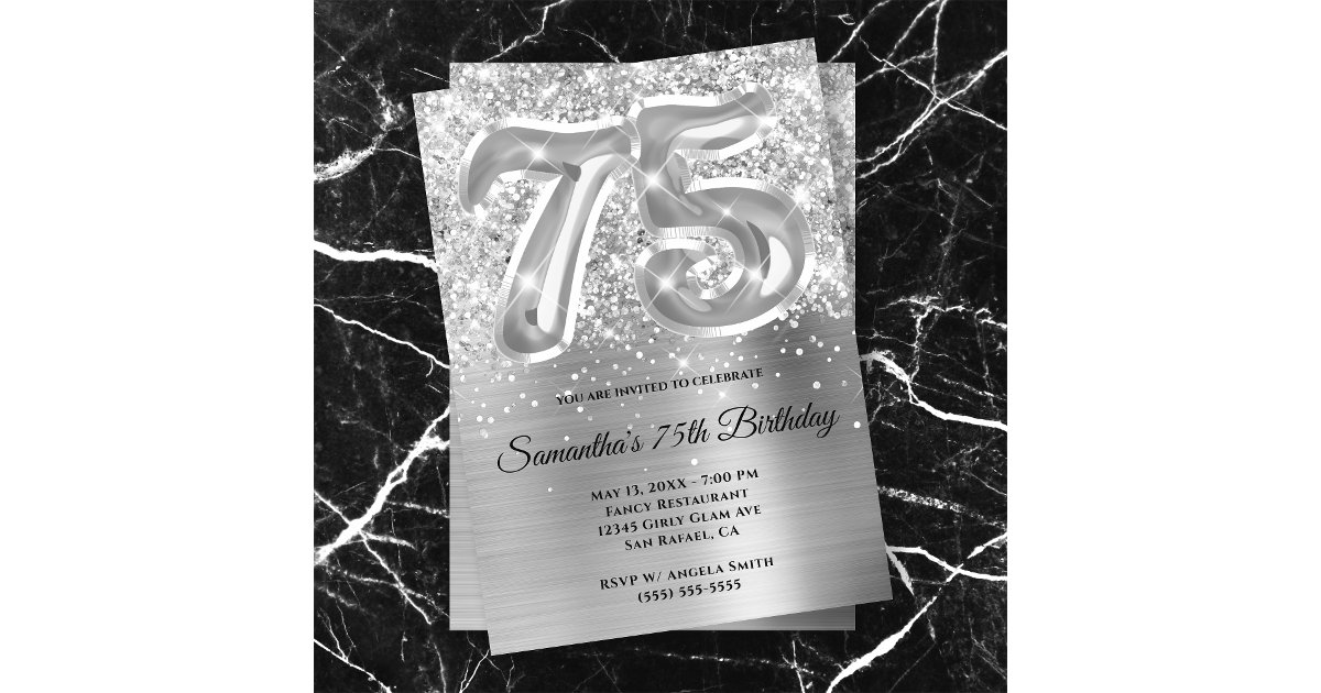 Sparkly Glittery Silver Glam 75th Birthday Invitation | Zazzle