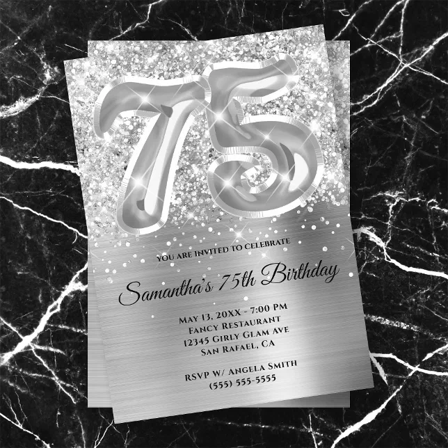 Sparkly Glittery Silver Glam 75th Birthday Invitation | Zazzle