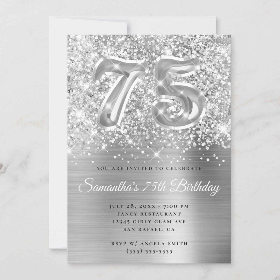 Sparkly Glittery Silver Glam 75th Birthday Invitation | Zazzle
