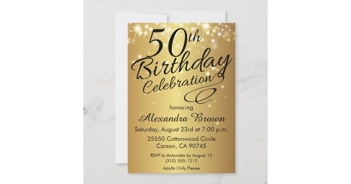 Sparkly Gold 50th Birthday Invitations | Zazzle