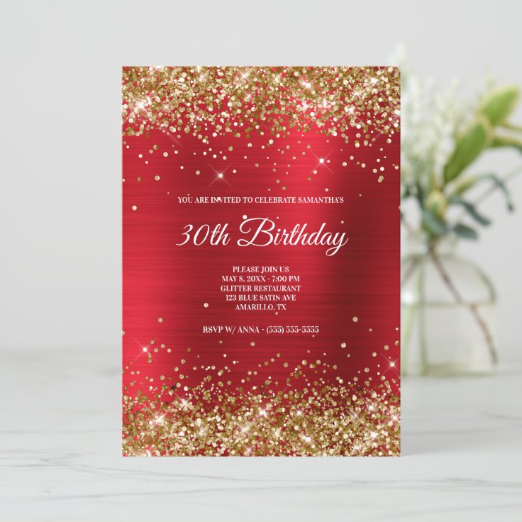Sparkly Gold Glitter Bright Red Satin Foil Invitation | Zazzle