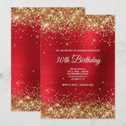Sparkly Gold Glitter Bright Red Satin Foil Invitation | Zazzle