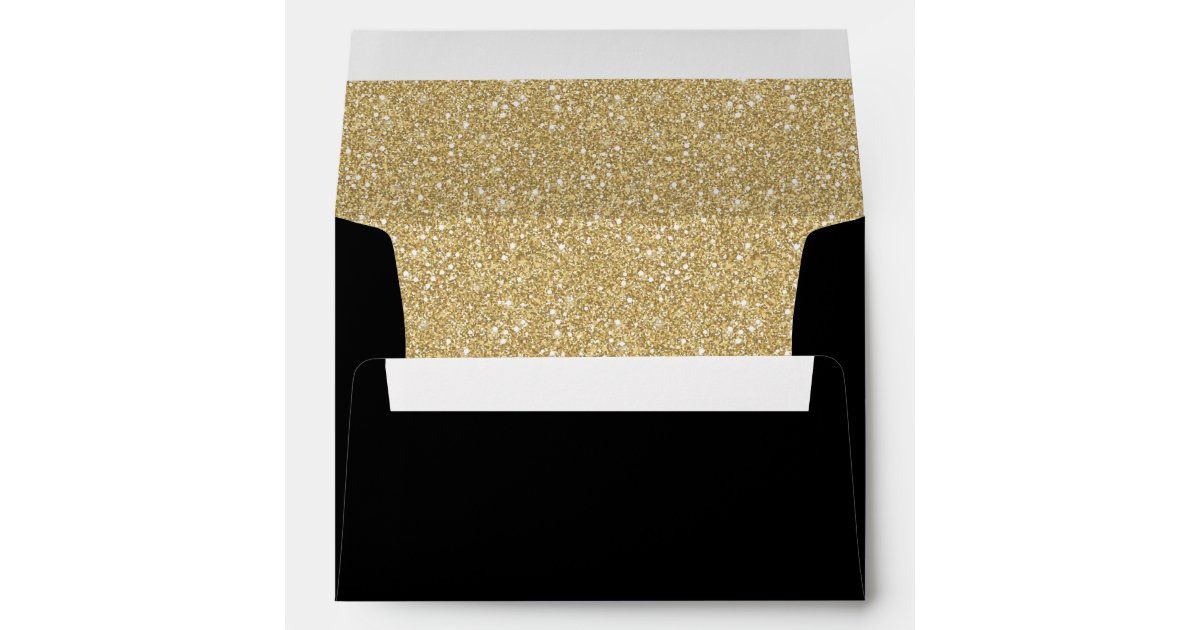 Sparkly gold glitter liner black invitation envelope | Zazzle