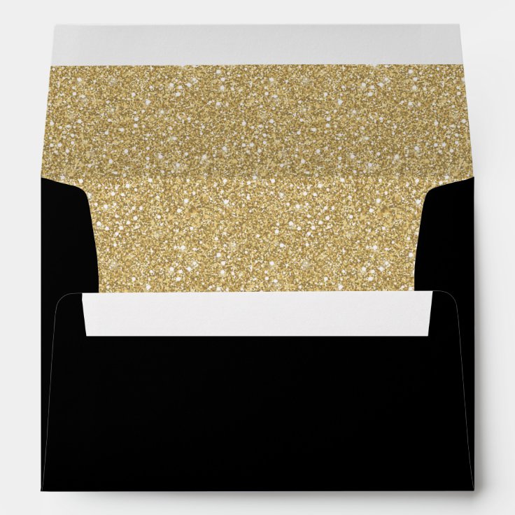 Sparkly gold glitter liner black invitation envelope | Zazzle