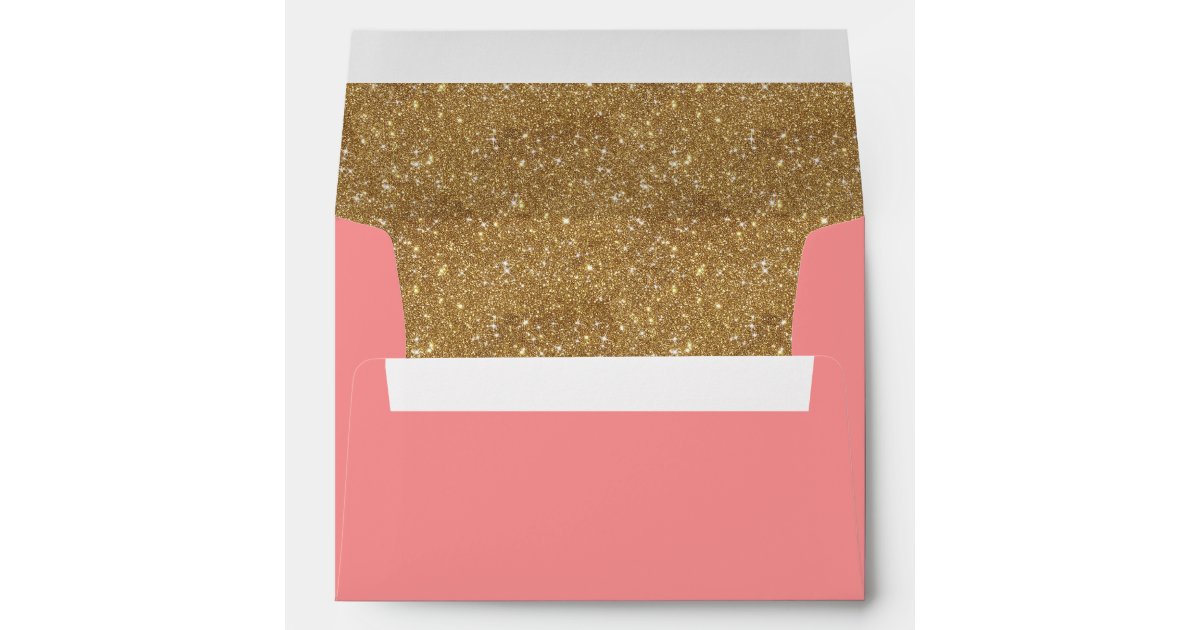 Sparkly gold glitter liner pink invitation envelope | Zazzle