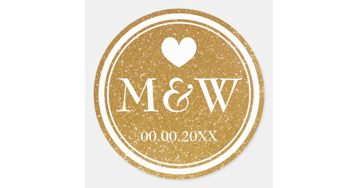 Sparkly gold monogram wedding favor stickers seals | Zazzle