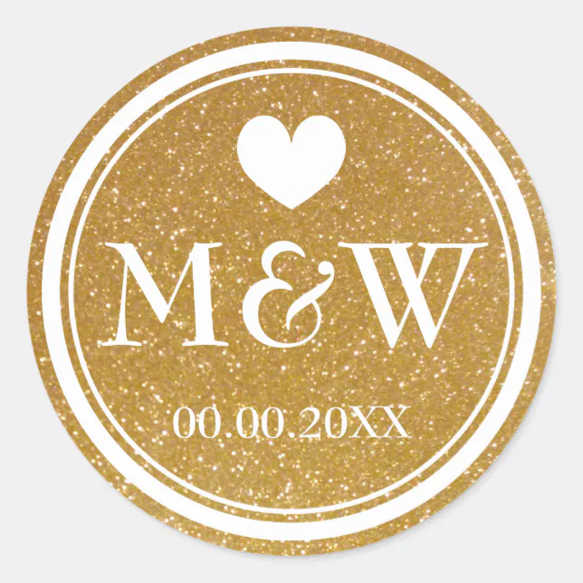 Sparkly gold monogram wedding favor stickers seals | Zazzle