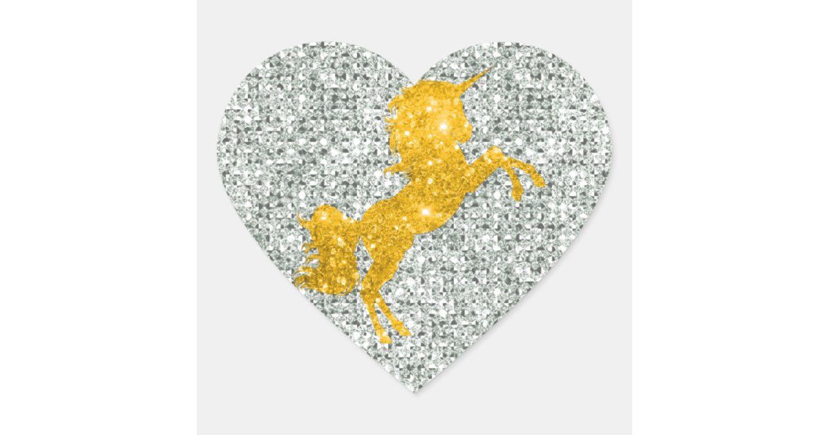 Sparkly Gold Unicorn on Silver Glitter Heart Sticker | Zazzle