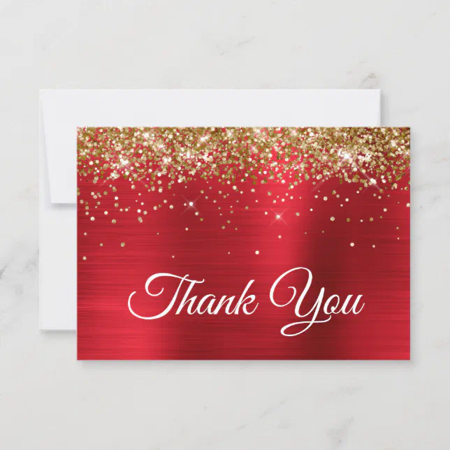Sparkly Golden Glitter Red Satin Ombre Foil Thank You Card | Zazzle