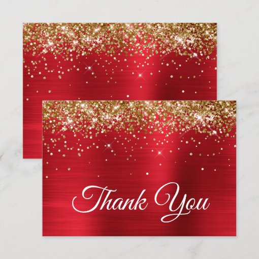 Sparkly Golden Glitter Red Satin Ombre Foil Thank You Card | Zazzle