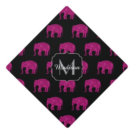 Sparkly hot pink Elephant pattern black Monogram Graduation Cap Topper ...