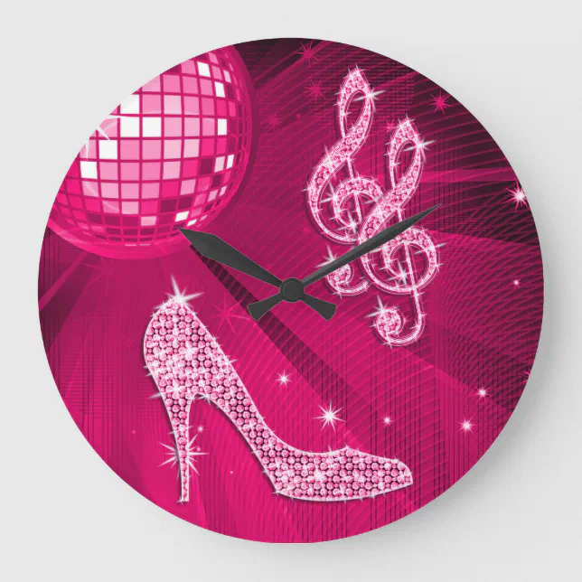 Sparkly Hot Pink Music Note & Stiletto Heel Large Clock | Zazzle