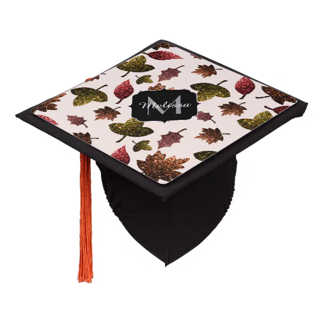 Sparkly leaves fall autumn pattern Monogram Graduation Cap Topper | Zazzle