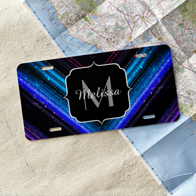 Sparkly metallic blue purple chevron Monogram License Plate | Zazzle