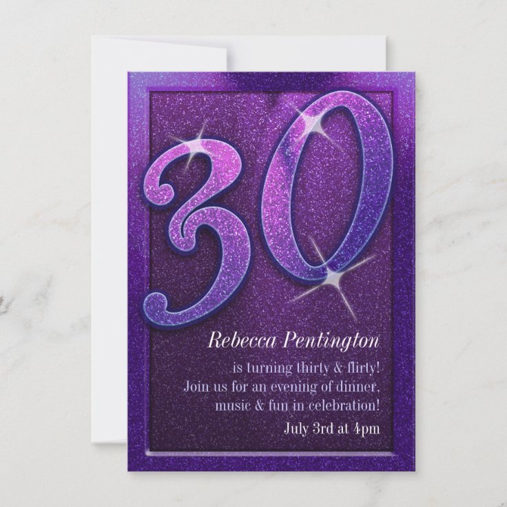 Sparkly Purple 30 and Flirty Birthday Invitations | Zazzle