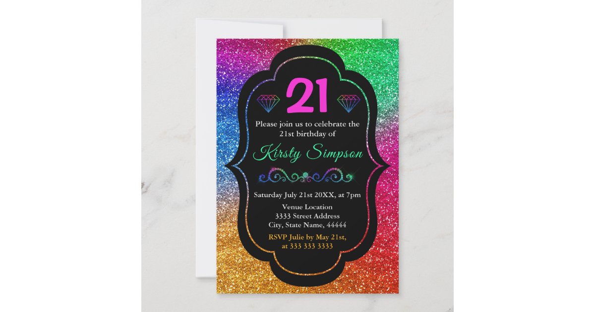 Sparkly Rainbow Gradient Glitter Birthday Invitation | Zazzle
