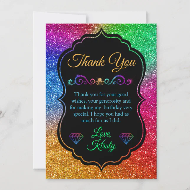 Sparkly Rainbow Gradient Glitter Birthday Thank You Card | Zazzle