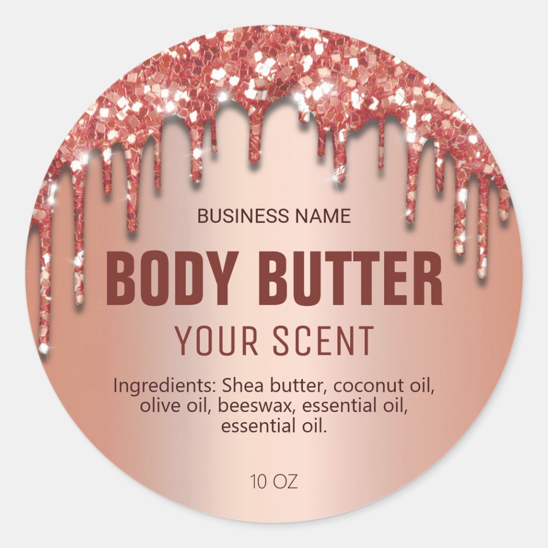 Sparkly Rose Gold Dripping Foil Body Butter Labels | Zazzle