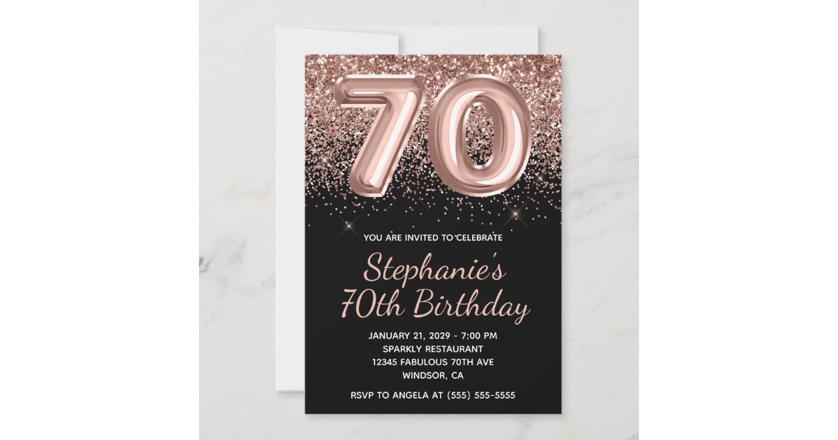 Sparkly Rose Gold Glitter Black Number 70 Birthday Invitation | Zazzle