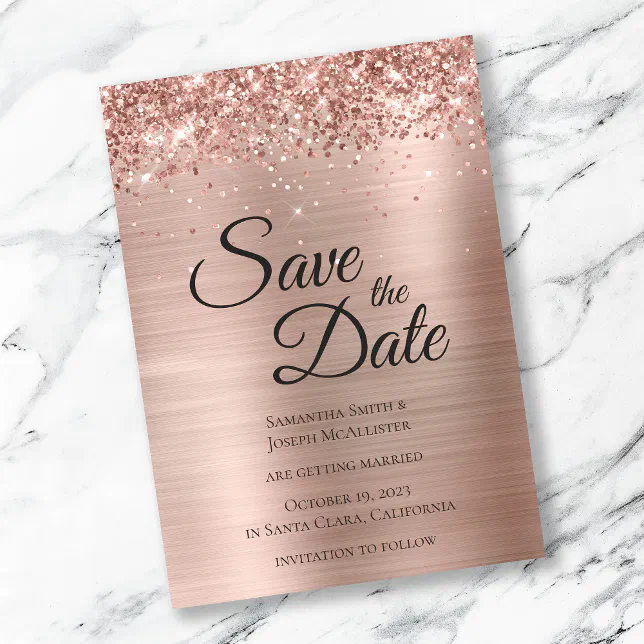 Sparkly Rose Gold Glitter Foil Glam Save The Date | Zazzle