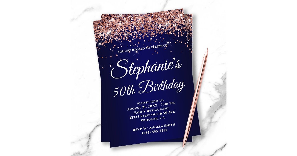 Sparkly Rose Gold Glitter Navy Gradient Invitation | Zazzle