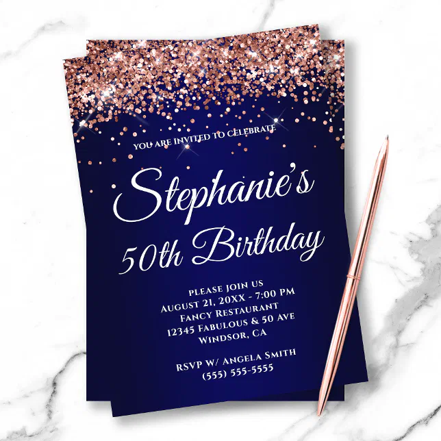 Sparkly Rose Gold Glitter Navy Gradient Invitation | Zazzle