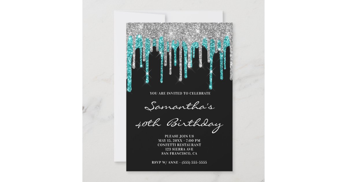 Sparkly Silver Cyan Glitter Drips Black Birthday Invitation | Zazzle