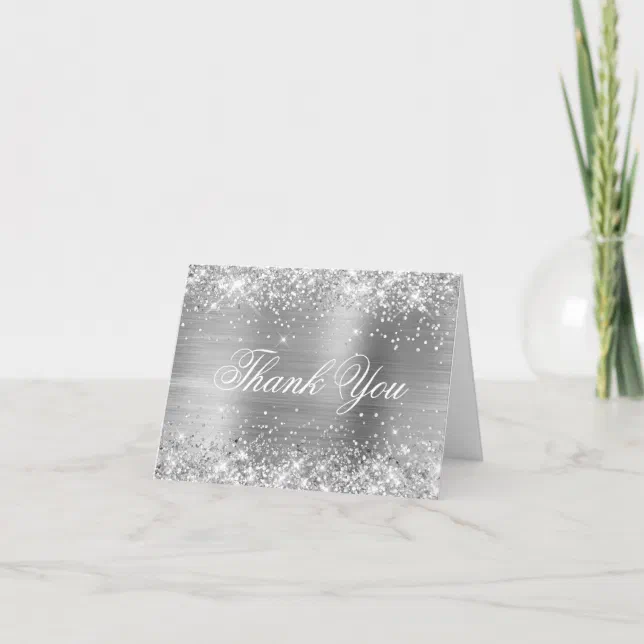 Sparkly Silver Faux Glitter and Shiny Foil Thank You Card | Zazzle