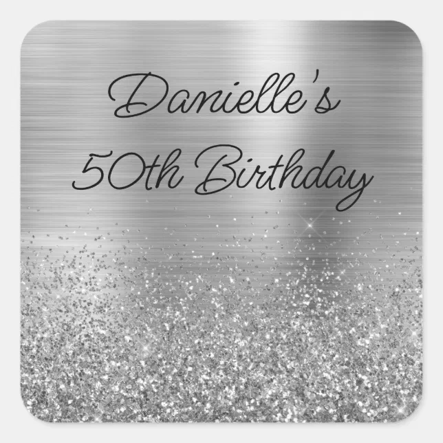 Sparkly Silver Glitter and Foil 50th Birthday Square Sticker | Zazzle