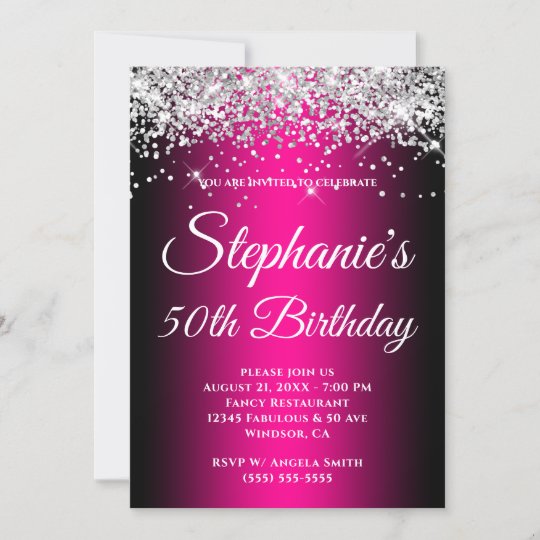 Sparkly Silver Glitter Black Edge Magenta Gradient Invitation | Zazzle.com