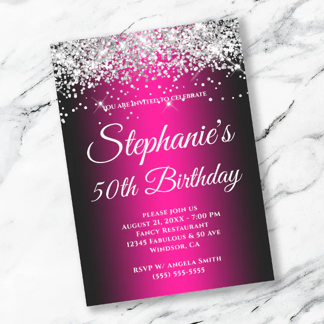 Sparkly Silver Glitter Black Edge Magenta Gradient Invitation | Zazzle