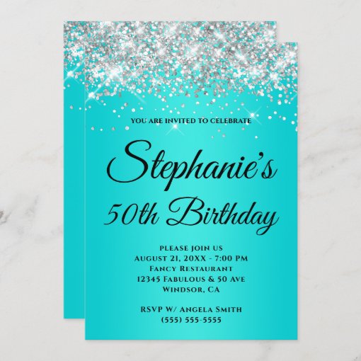 Sparkly Silver Glitter Bright Turquoise Gradient Invitation | Zazzle