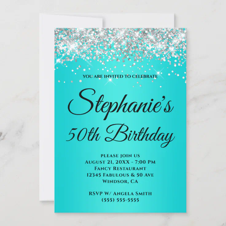 Sparkly Silver Glitter Bright Turquoise Gradient Invitation | Zazzle