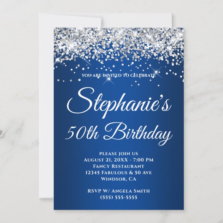 Sparkly Silver Glitter Deep Blue Gradient Invitation | Zazzle
