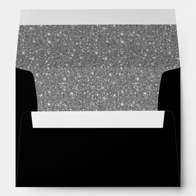 Sparkly silver glitter liner black invitation envelope | Zazzle