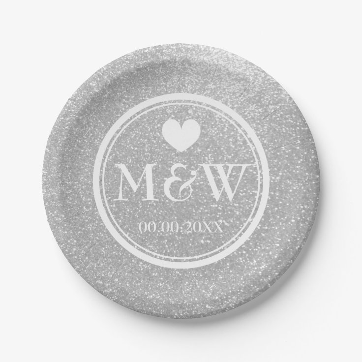 Sparkly silver glitter paper plates for wedding | Zazzle