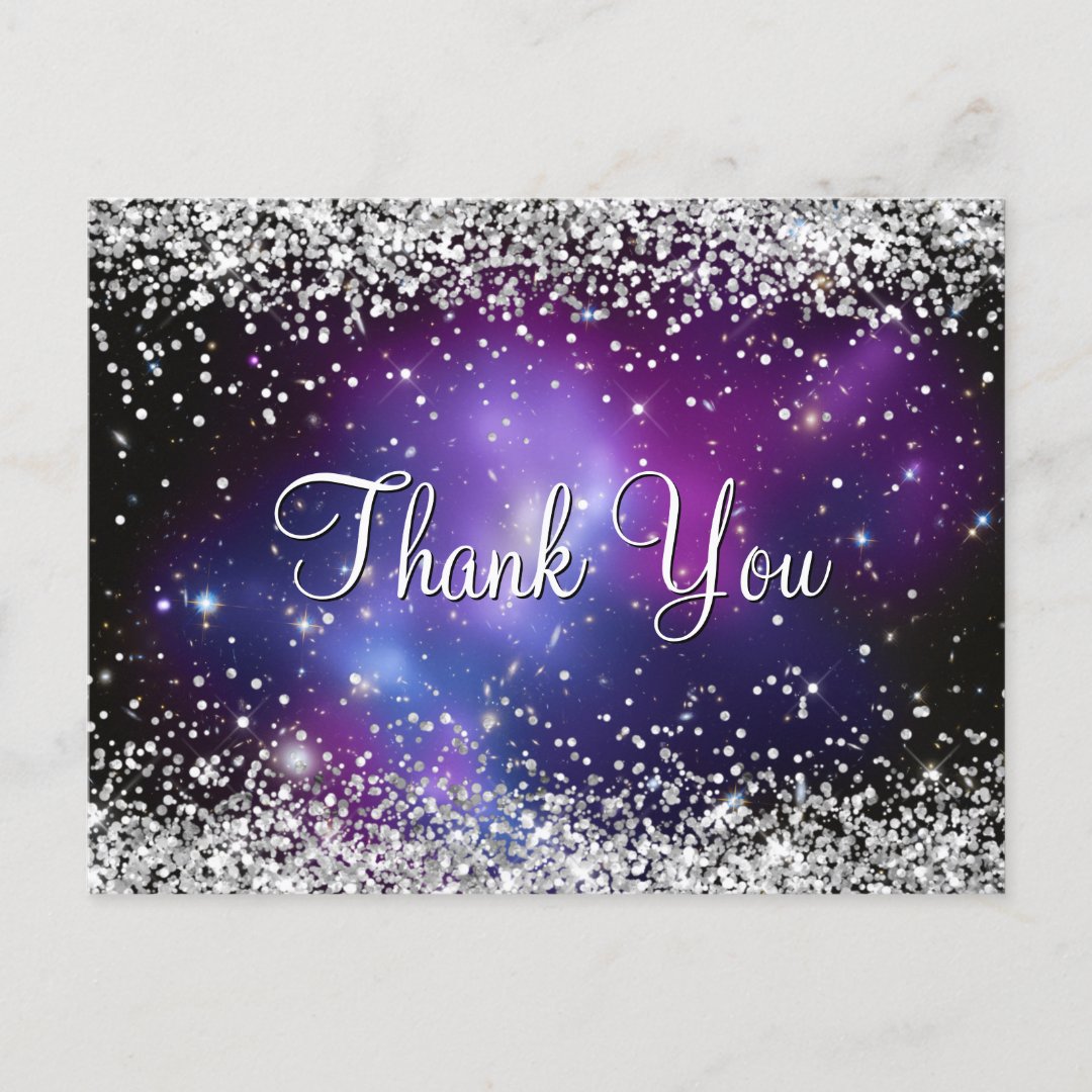 Sparkly Silver Glitter Purple Celestial Thank You Postcard | Zazzle