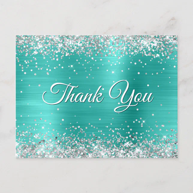 Sparkly Silver Glitter Turquoise Foil Thank You Postcard | Zazzle