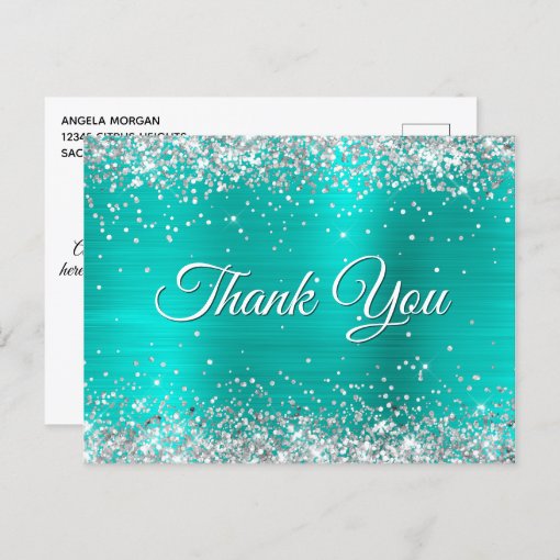 Sparkly Silver Glitter Turquoise Foil Thank You Postcard | Zazzle