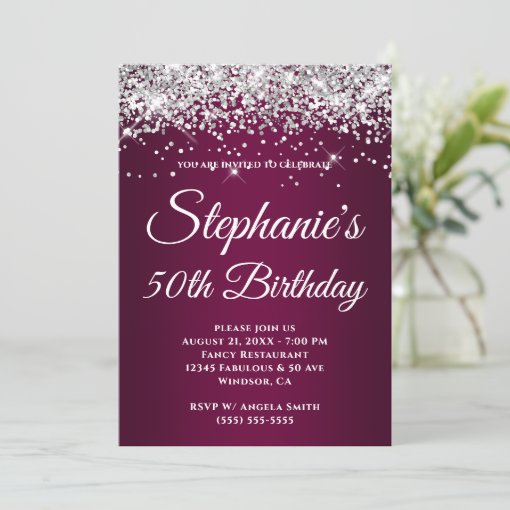 Sparkly Silver Glitter Wine Gradient Invitation | Zazzle