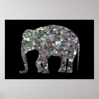 Sparkly silver mosaic glitter Elephant on black Poster | Zazzle