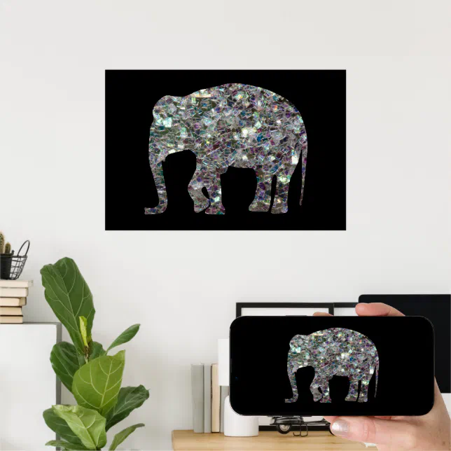 Sparkly silver mosaic glitter Elephant on black Poster | Zazzle
